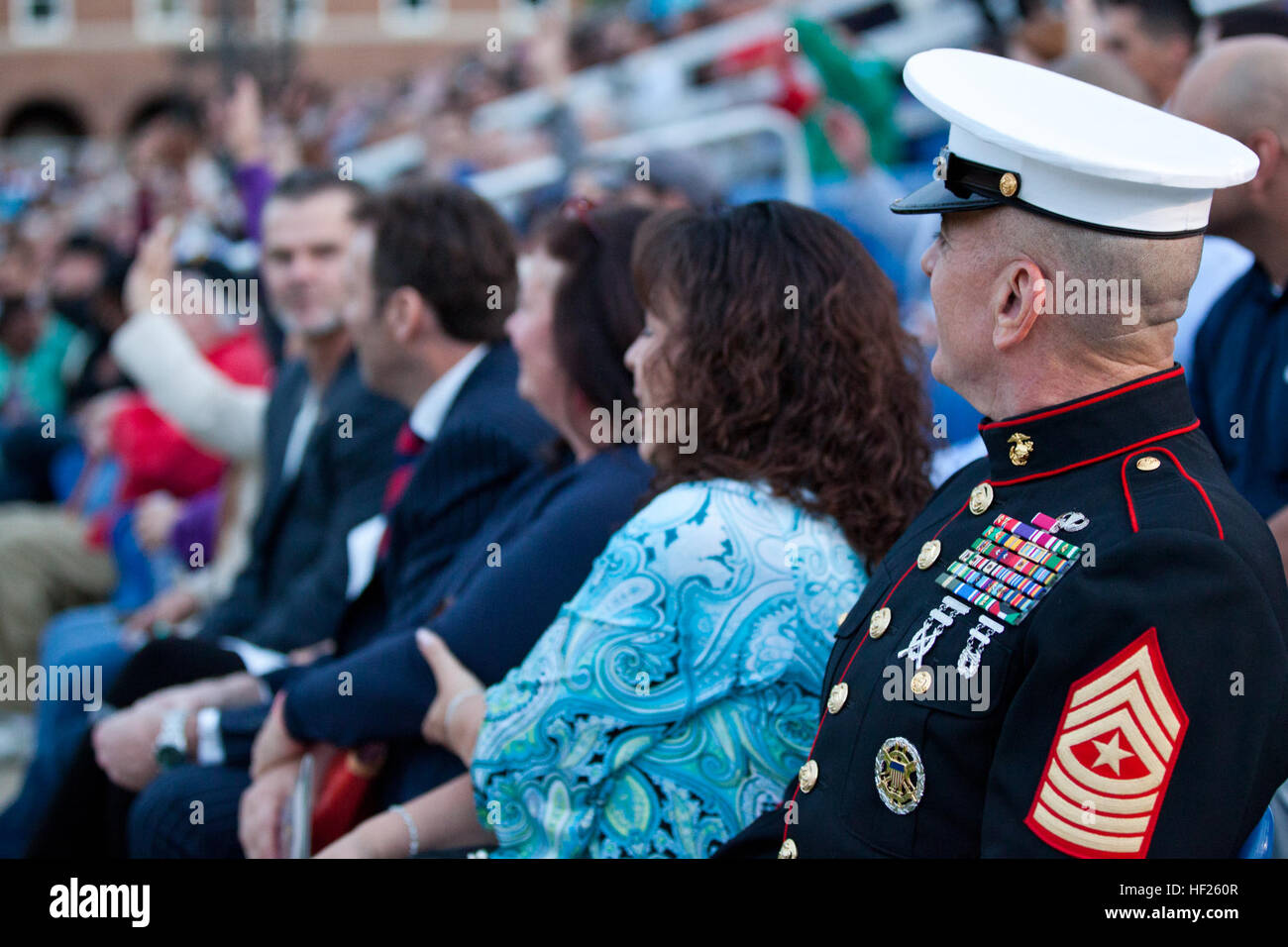 A U.S. Marine sergeant major awaits the start of an Evening Parade at ...