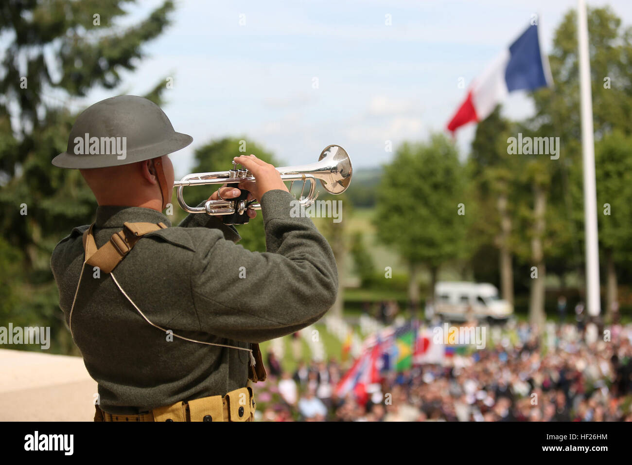 A Marine bugler with the 2d Marine Division Band in period uniform ...
