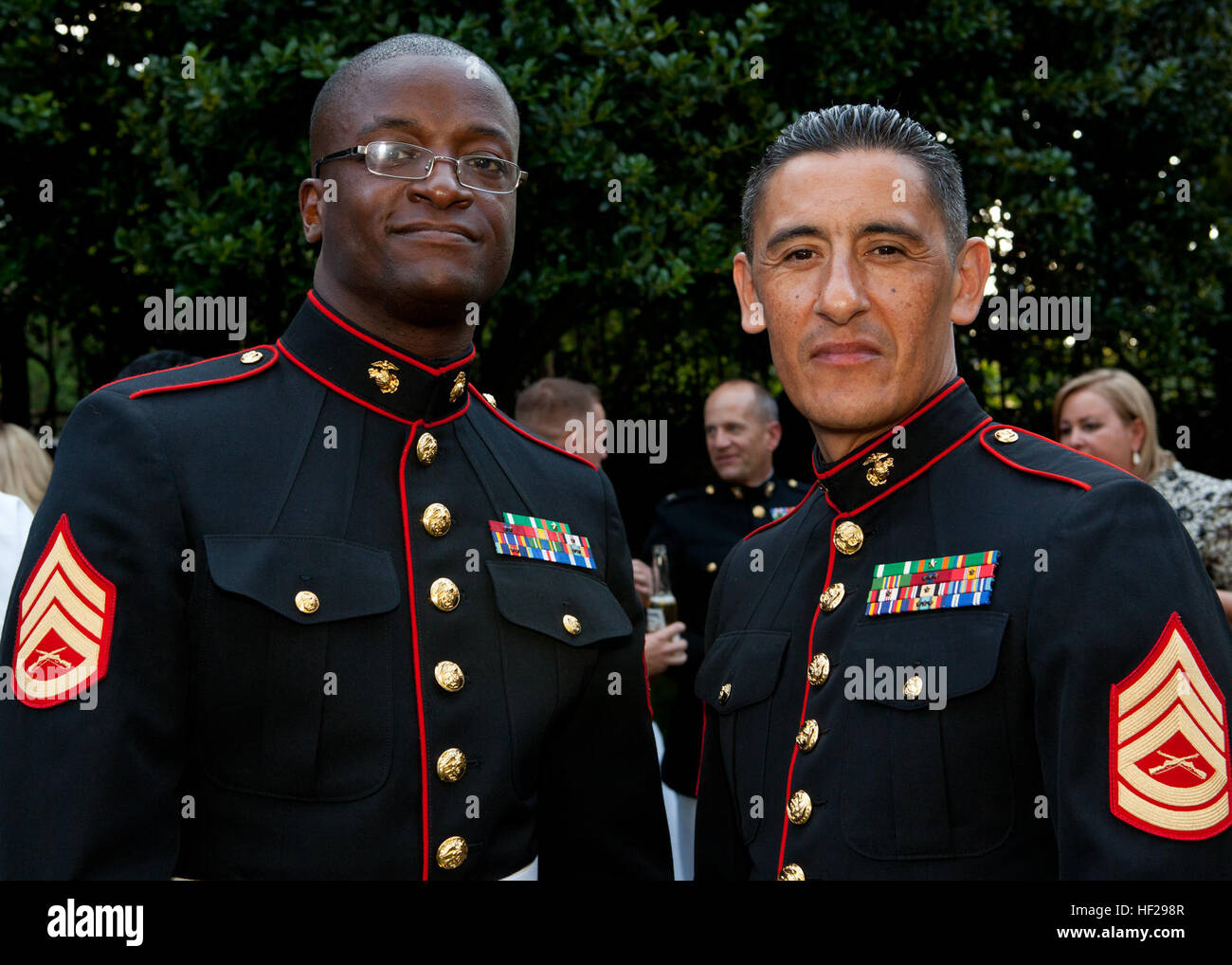 U.S. Marines pose for a photo during an Evening Parade reception at the ...
