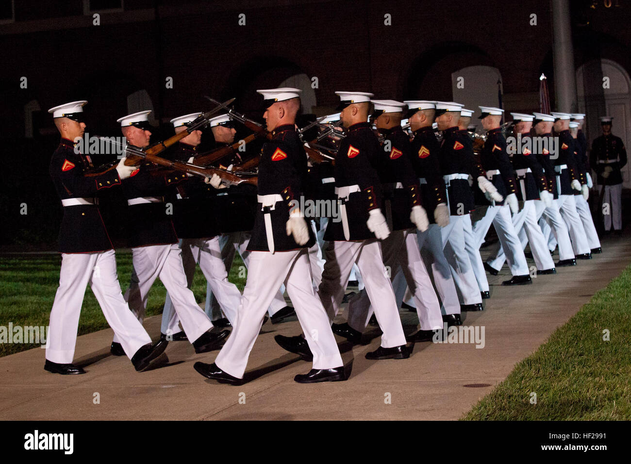 Members of the U.S. Marine Corps Silent Drill Platoon perform during an ...