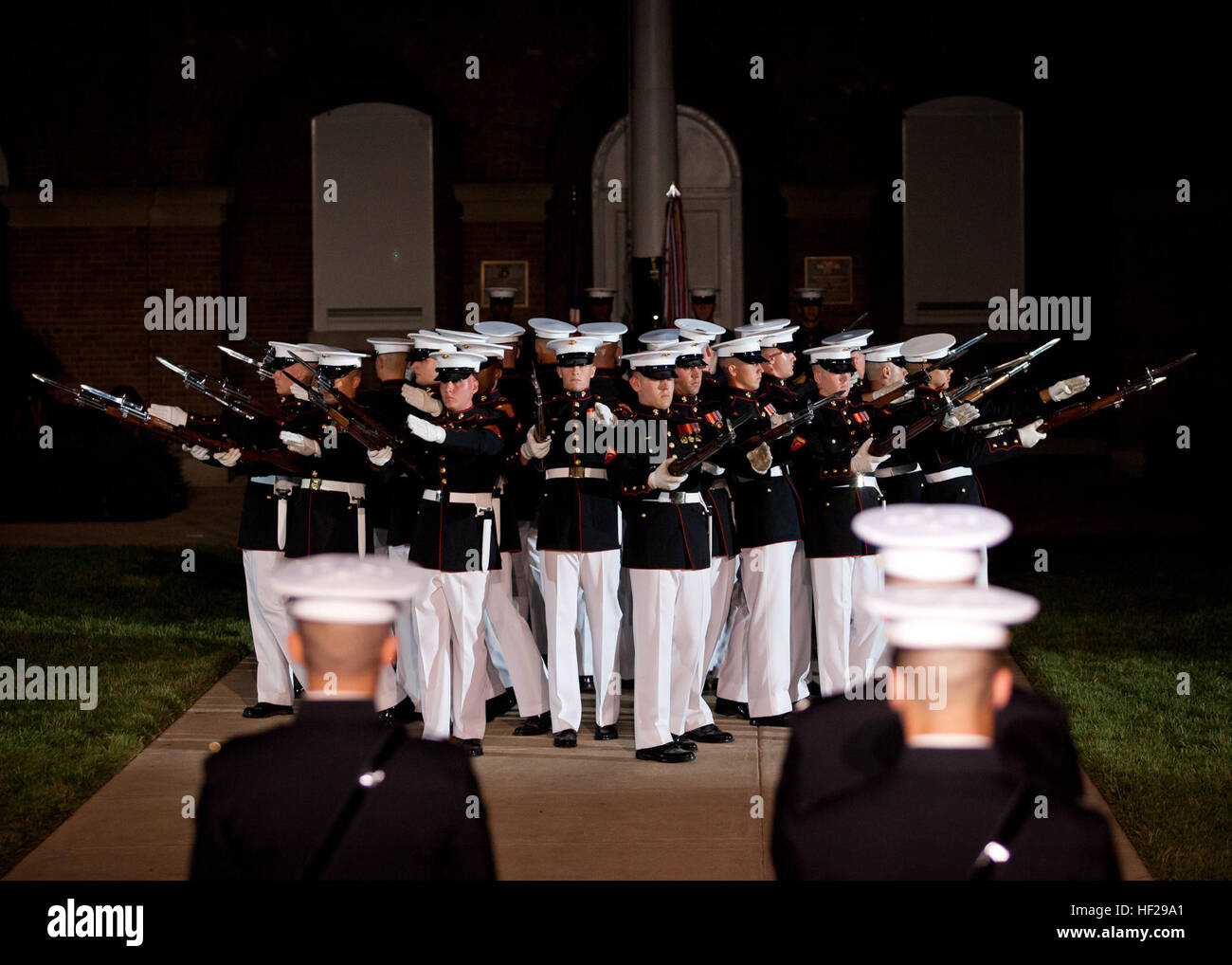 Members of the U.S. Marine Corps Silent Drill Platoon perform during an ...