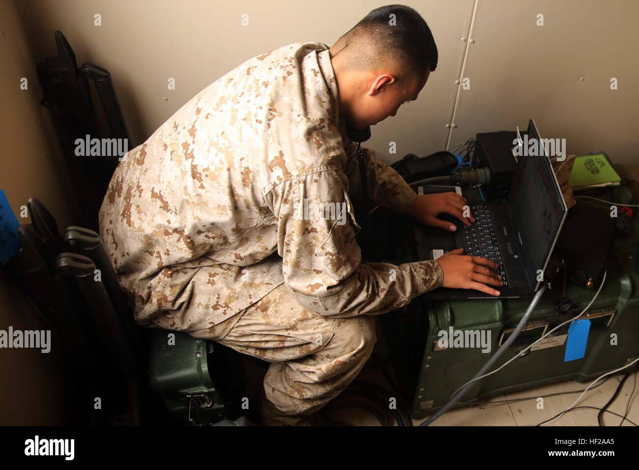 Private first class Christopher Jaureguiwells operates the remote ...