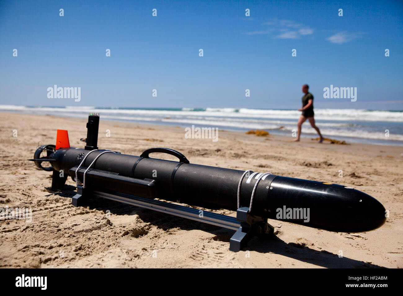 An autonomous underwater vehicle rests on a beach at Camp Pendleton ...