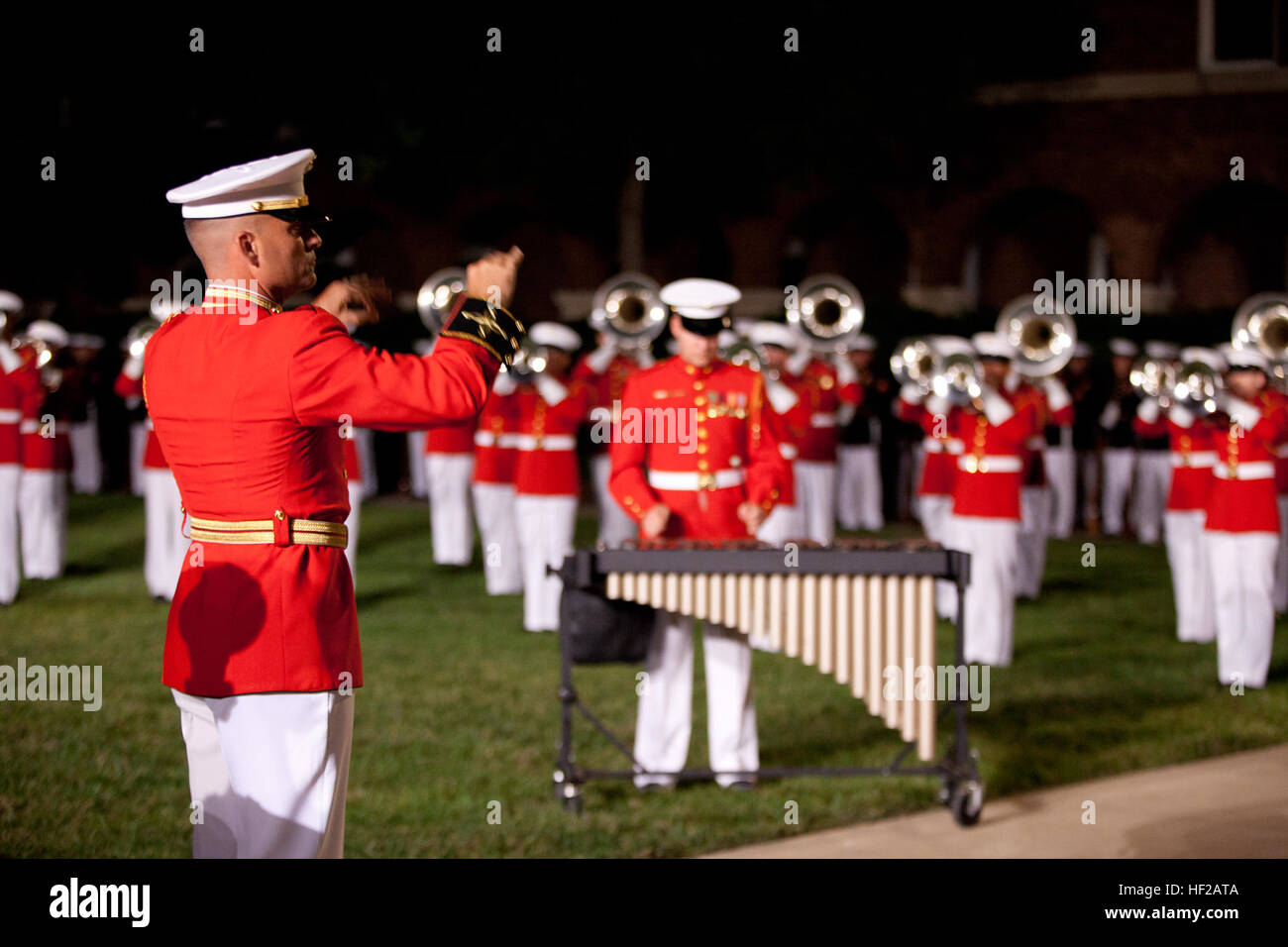 Members of the U.S. Marine Drum and Bugle Corps perform during an ...