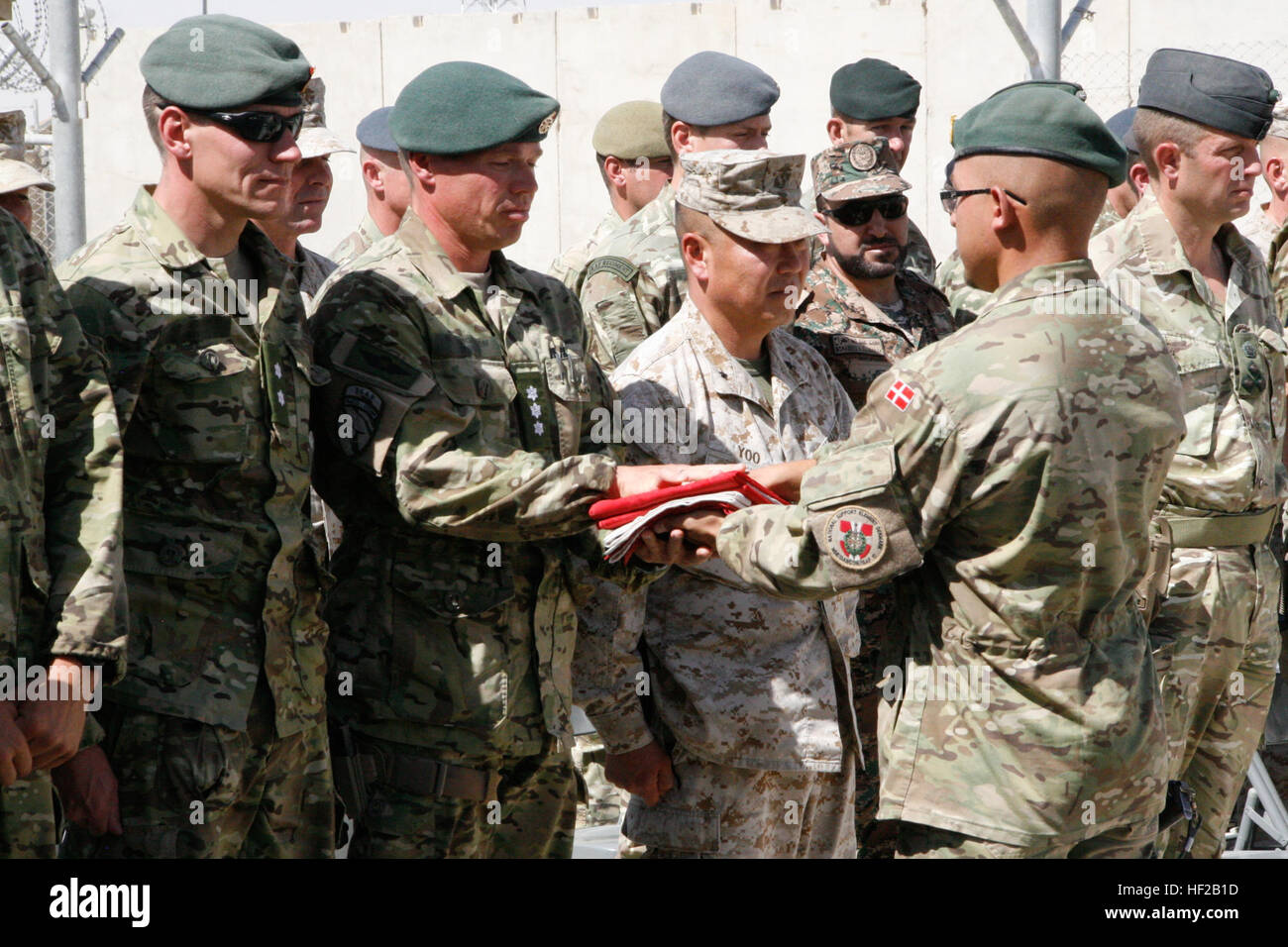 A soldier with the Danish Contingent presents the Denmark flag to ...