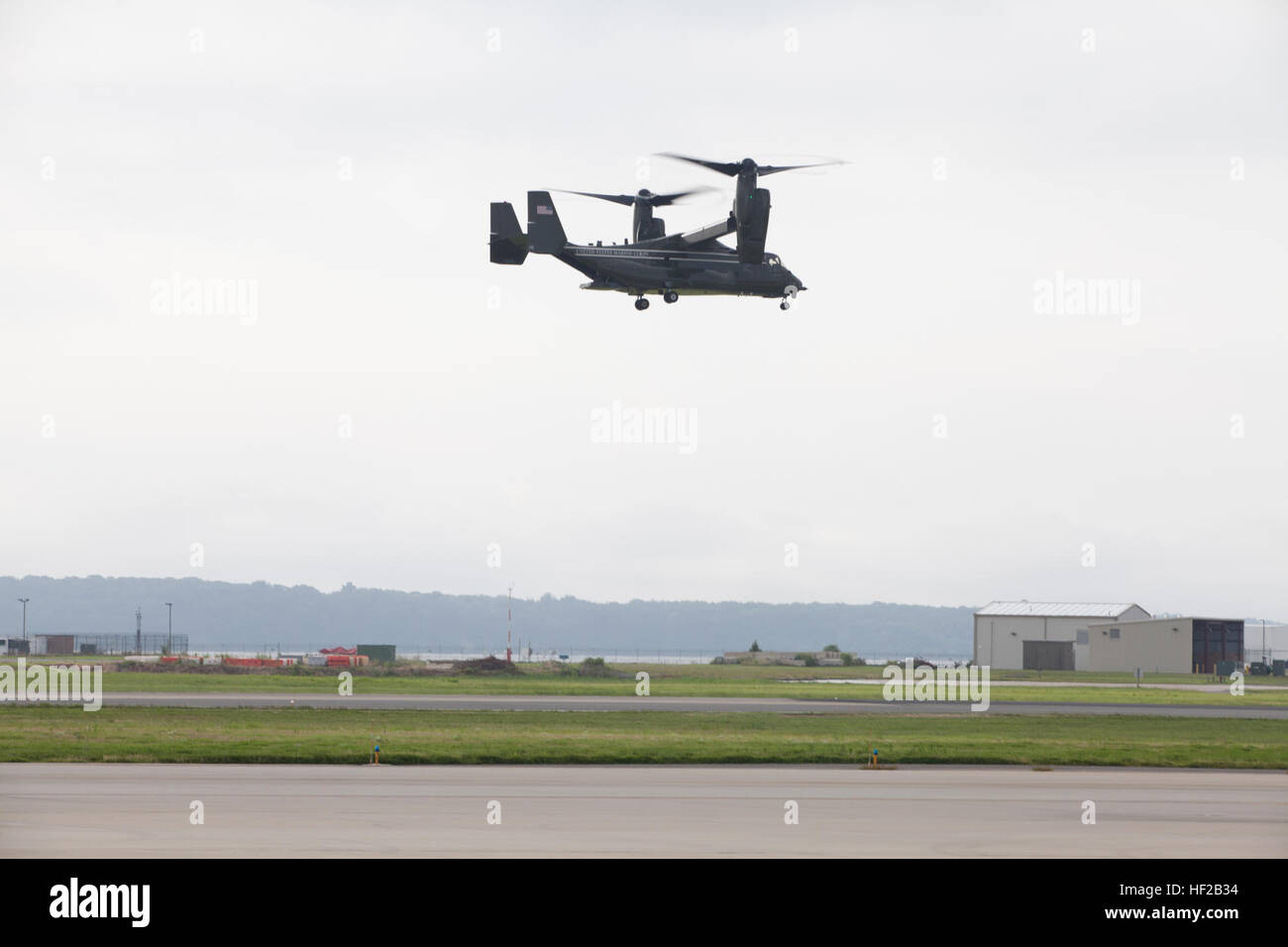 A U.S. Marine Corps MV-22 Osprey tilt-rotor aircraft takes off from the ...