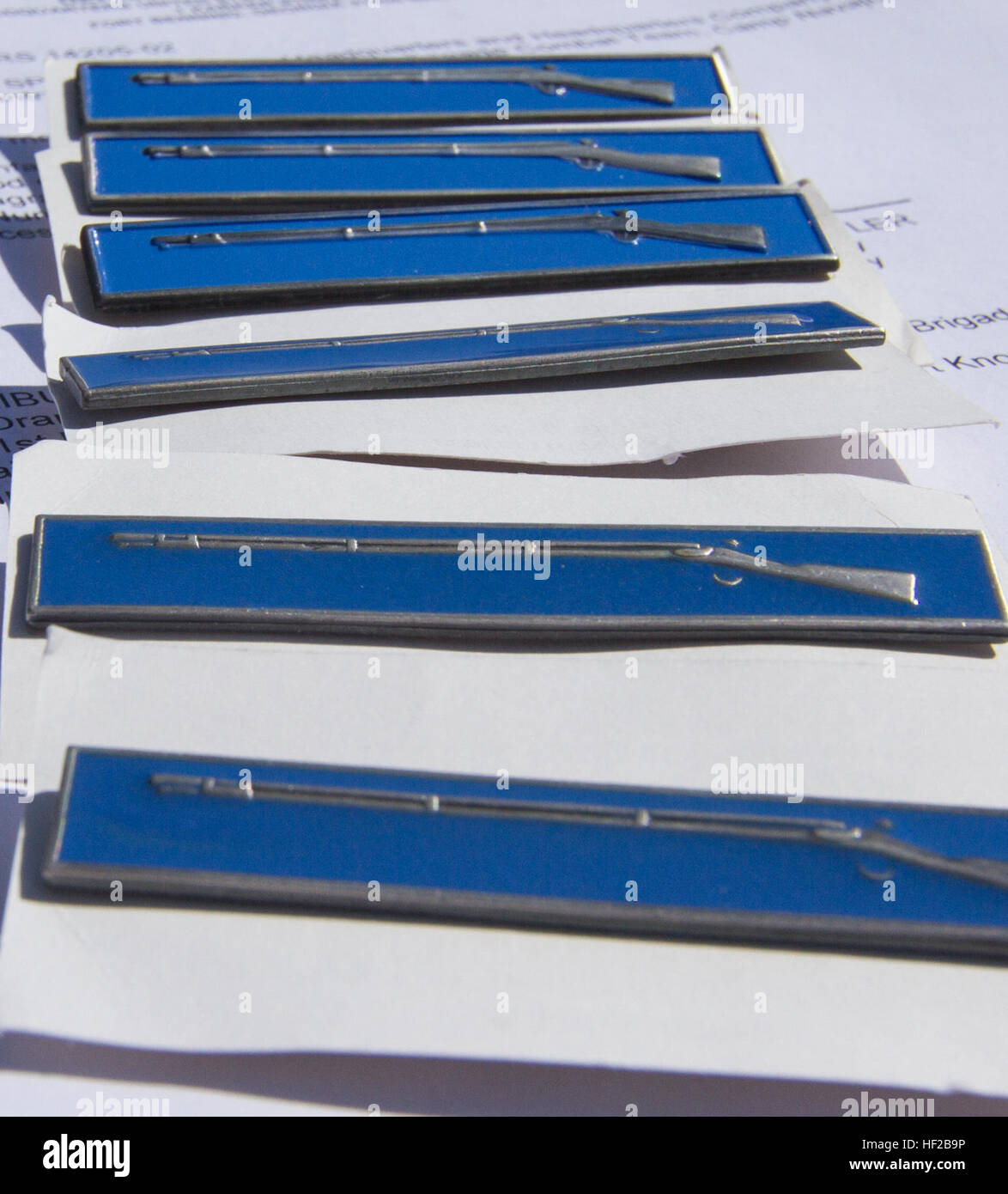 Six Expert Infantry Badges wait to be pinned on the chests of soldiers ...