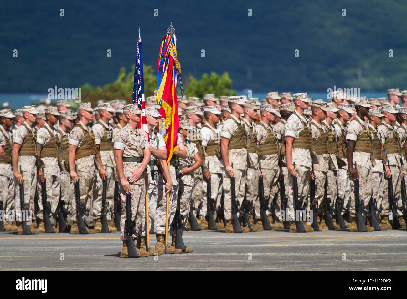 U.S. Marines with U.S. Marine Corps Forces, Pacific, march in formation during the U.S. Marine ...