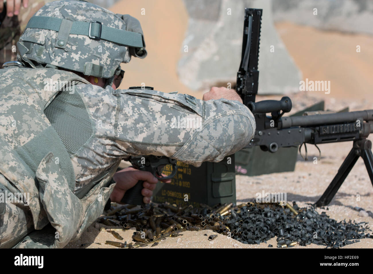 A soldier with 2-147th Attack Helicopter Battalion trains on a M249 ...