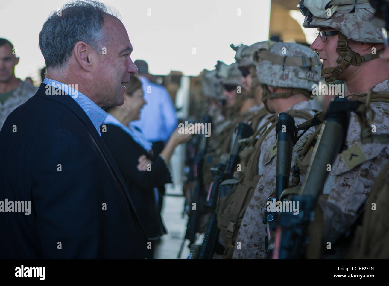 U.S. Sen. Tim Kaine of Virginia speaks to the U.S. Marines and Sailors ...