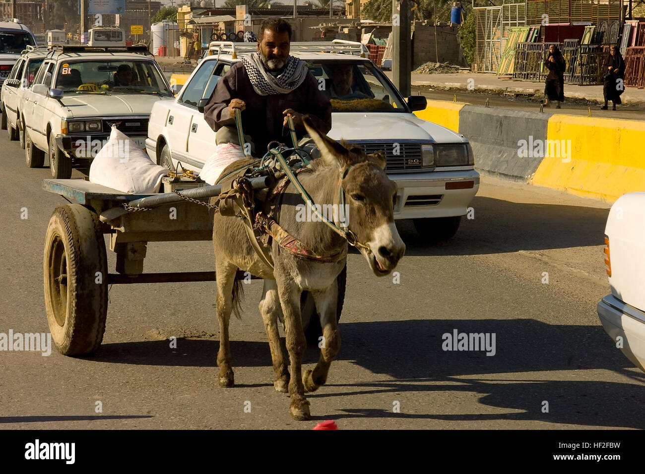 An Iraqi man travels on his donkey pulled cart on one of the main ...