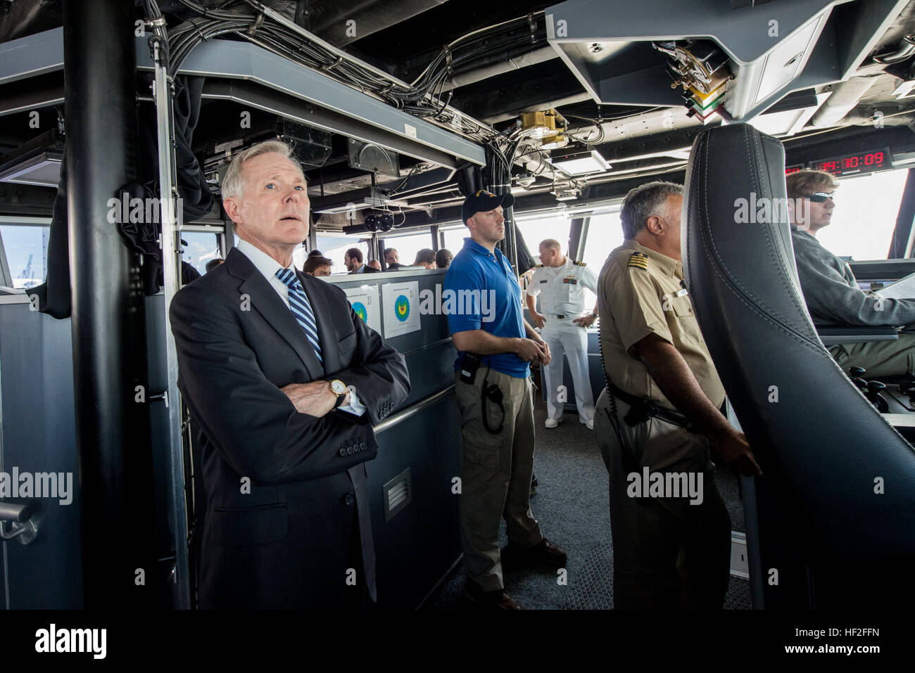 Secretary of the Navy Ray Mabus tours the bridge of the joint high ...