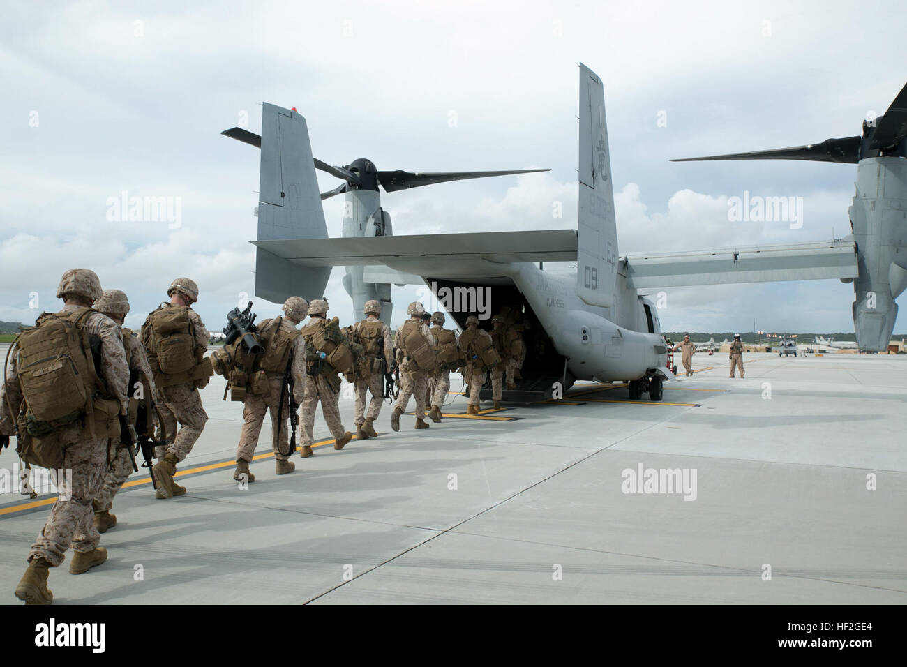 Marines embark on MV-22B Osprey tiltrotor aircraft to conduct an island ...