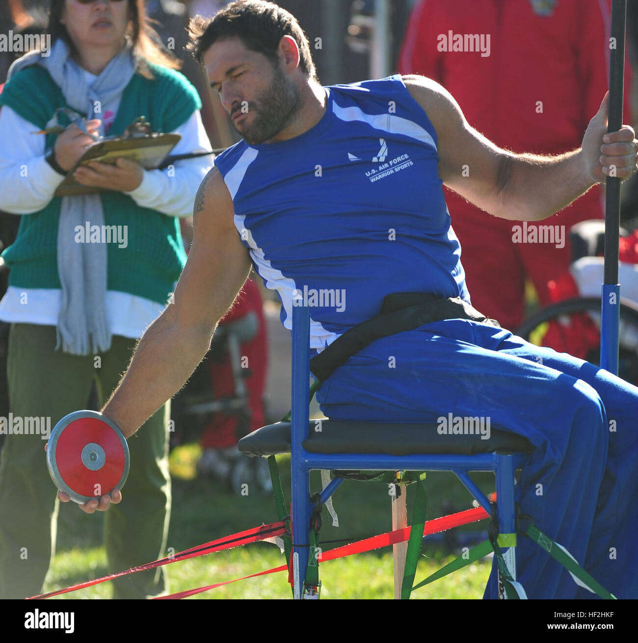 Air Force athlete Ryan Pinney throws the discus during the 2014 Warrior ...