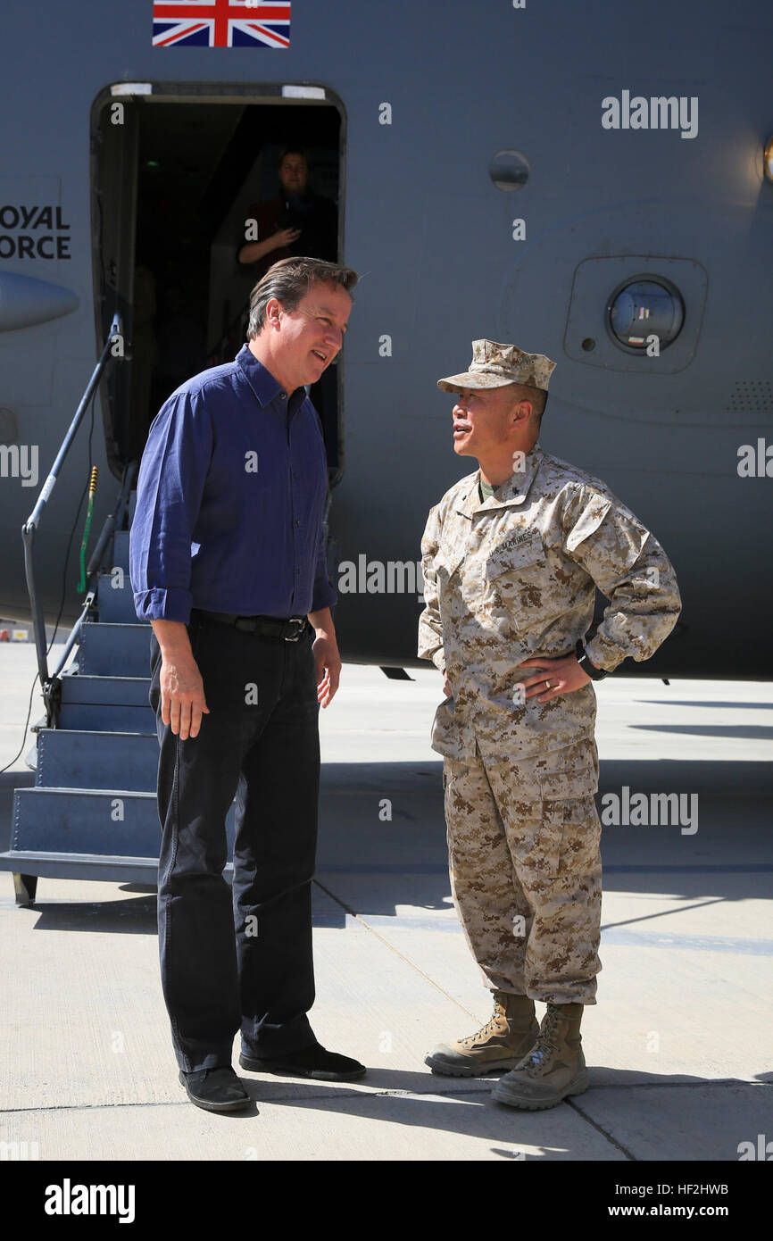U.K. Prime Minister David Cameron speaks with U.S. Marine Corps Brig ...