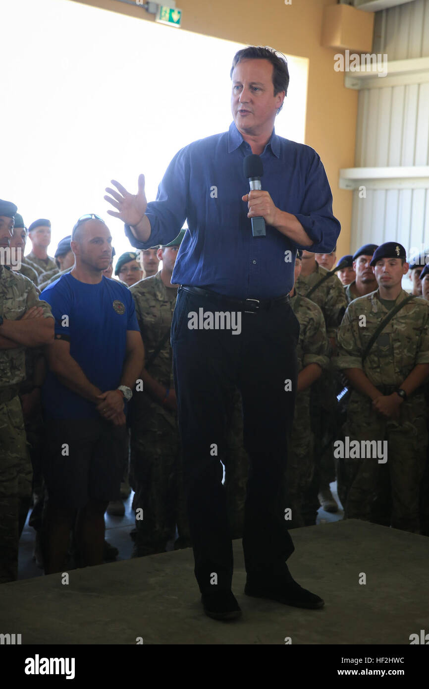 U.K. Prime Minister David Cameron speaks to British troops aboard Camp ...