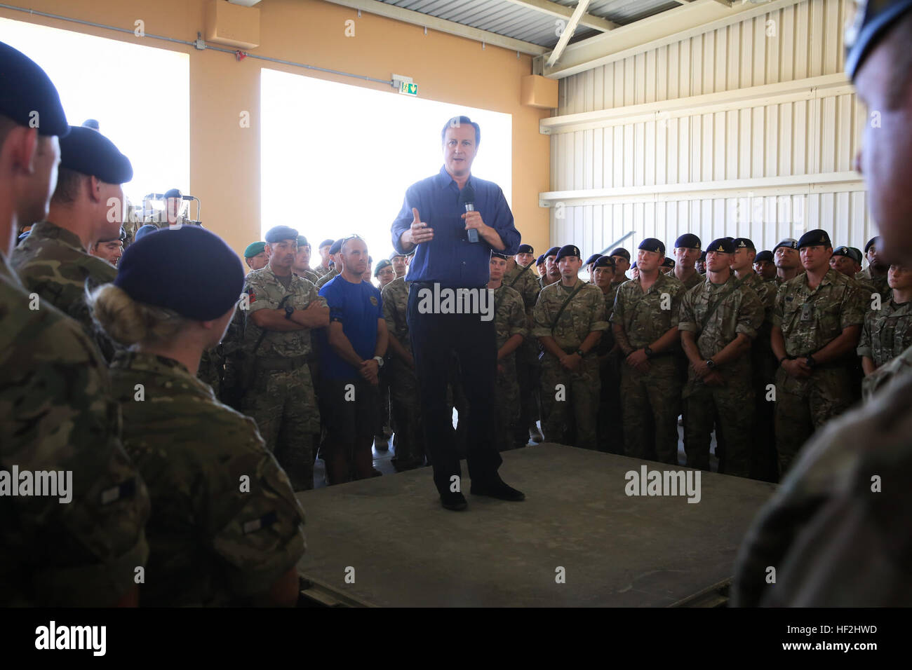 U.K. Prime Minister David Cameron speaks to British troops aboard Camp ...