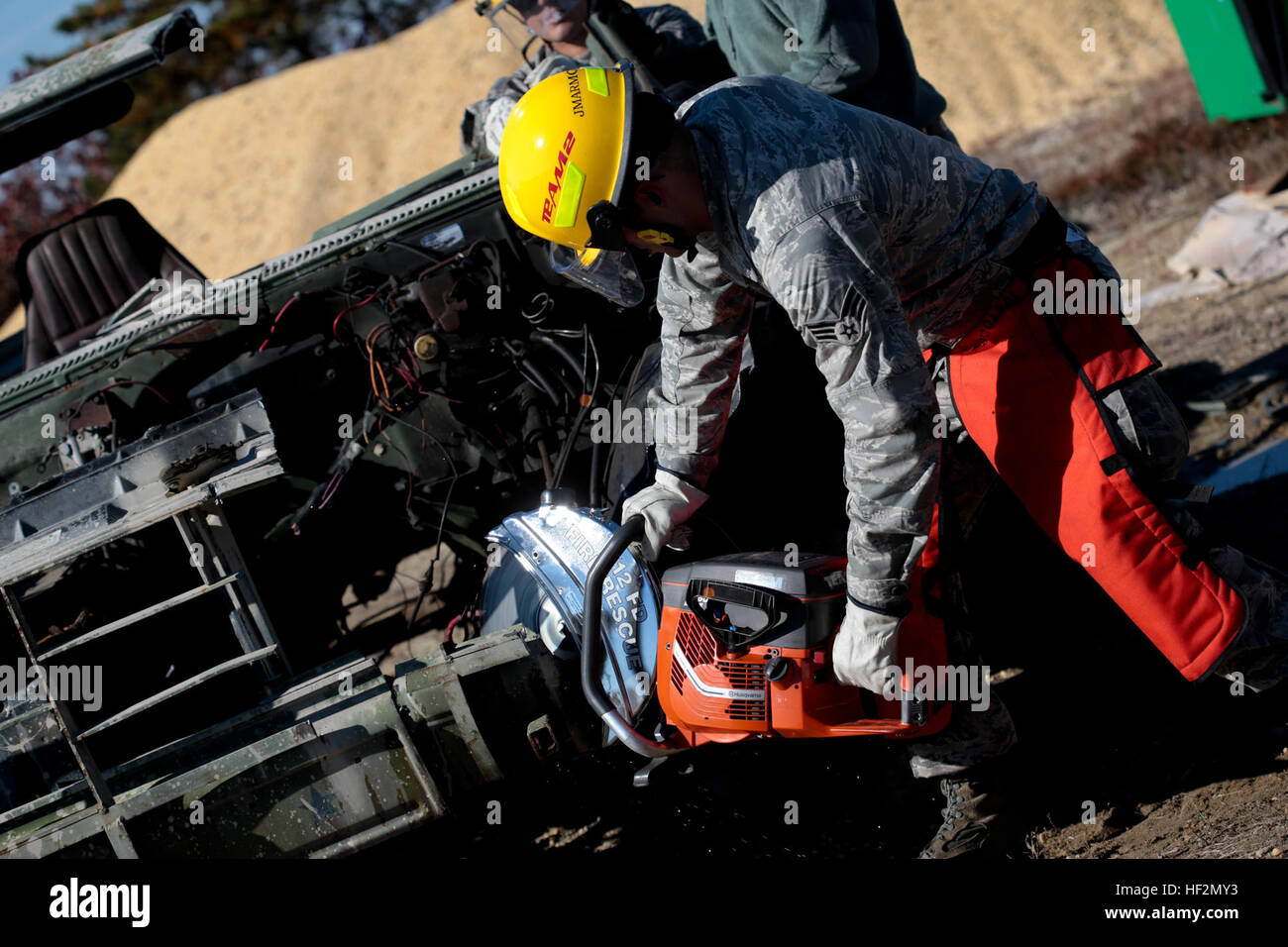 Senior Airman Matthew Wagner uses a rescue saw on a truck at Warren ...