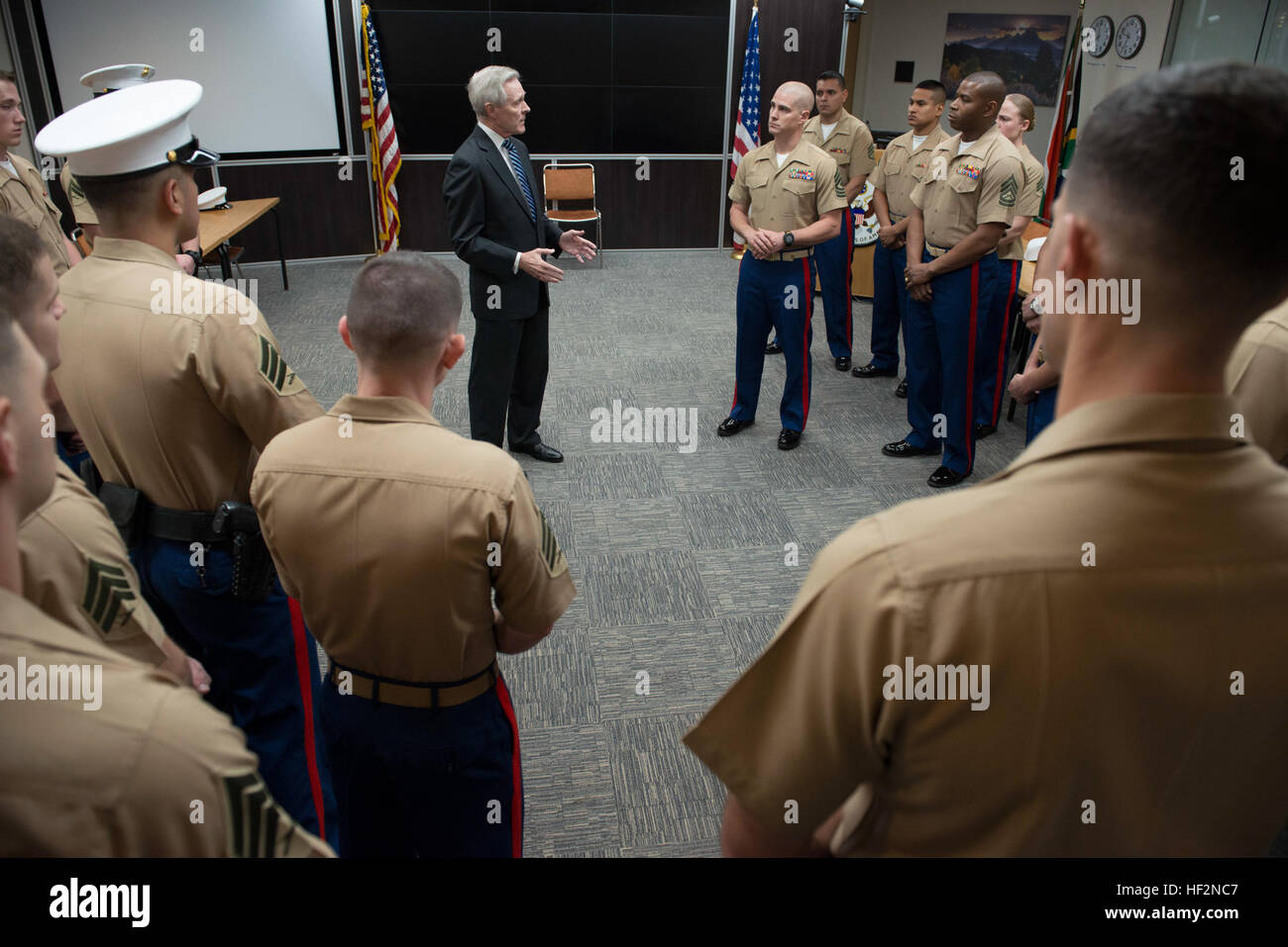 Secretary of the Navy Ray Mabus meets with U.S. Marines assigned to the ...