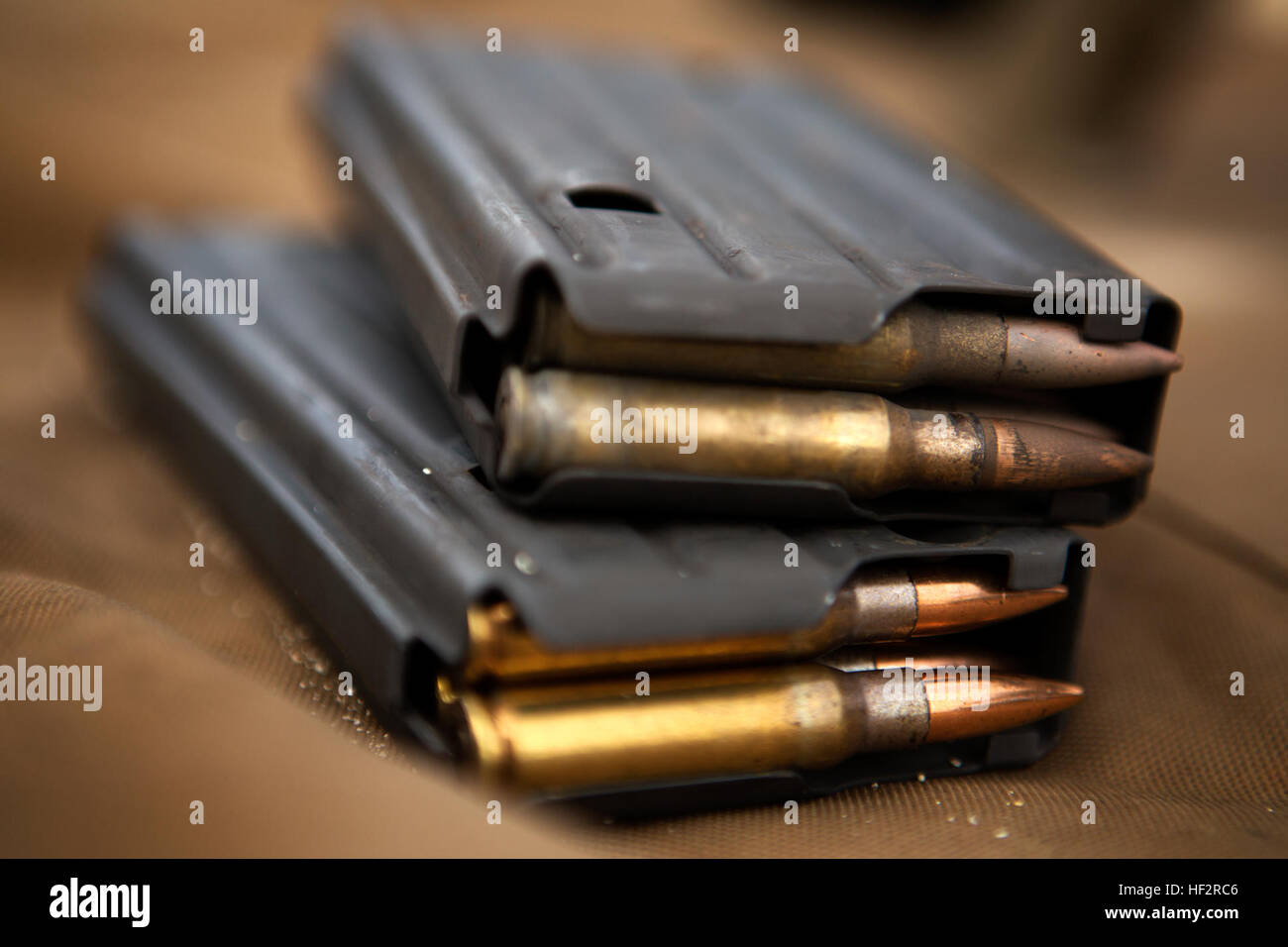 Magazines of 7.62 mm ammunition lie atop a firing mat during ...