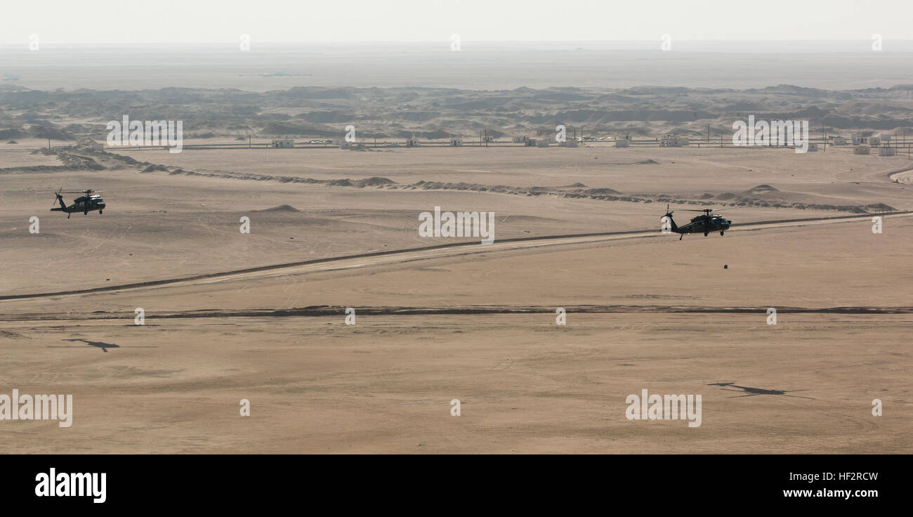 UH-60 Black Hawk helicopters from an assault helicopter battalion fly ...