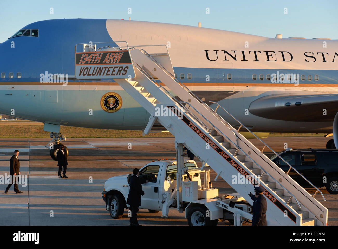 A stair truck from the 134th Air Refueling Wing is put into position ...