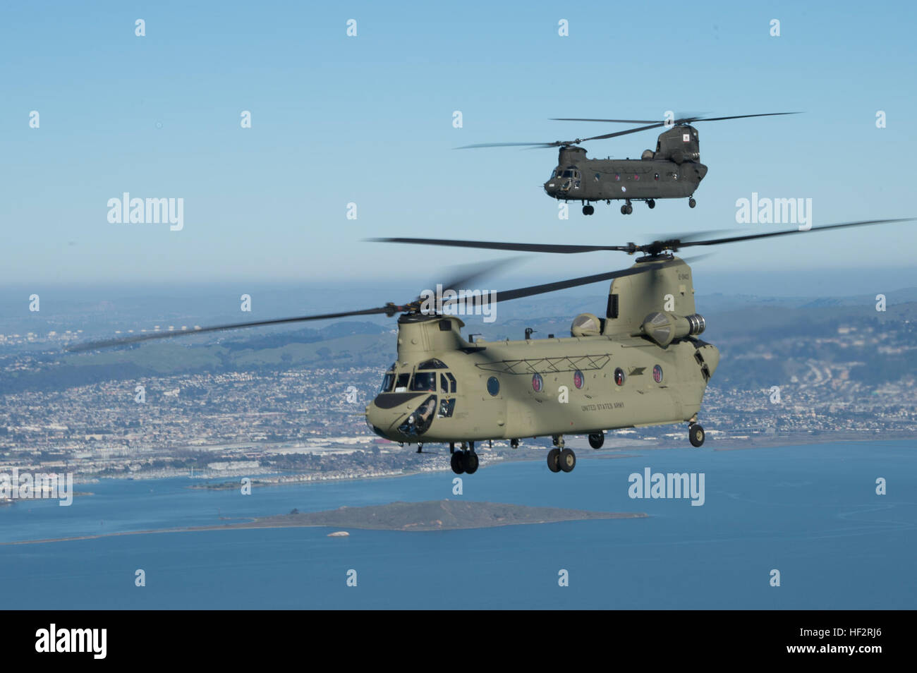 A new California National Guard CH-47F Chinook is tailed by an older CH ...