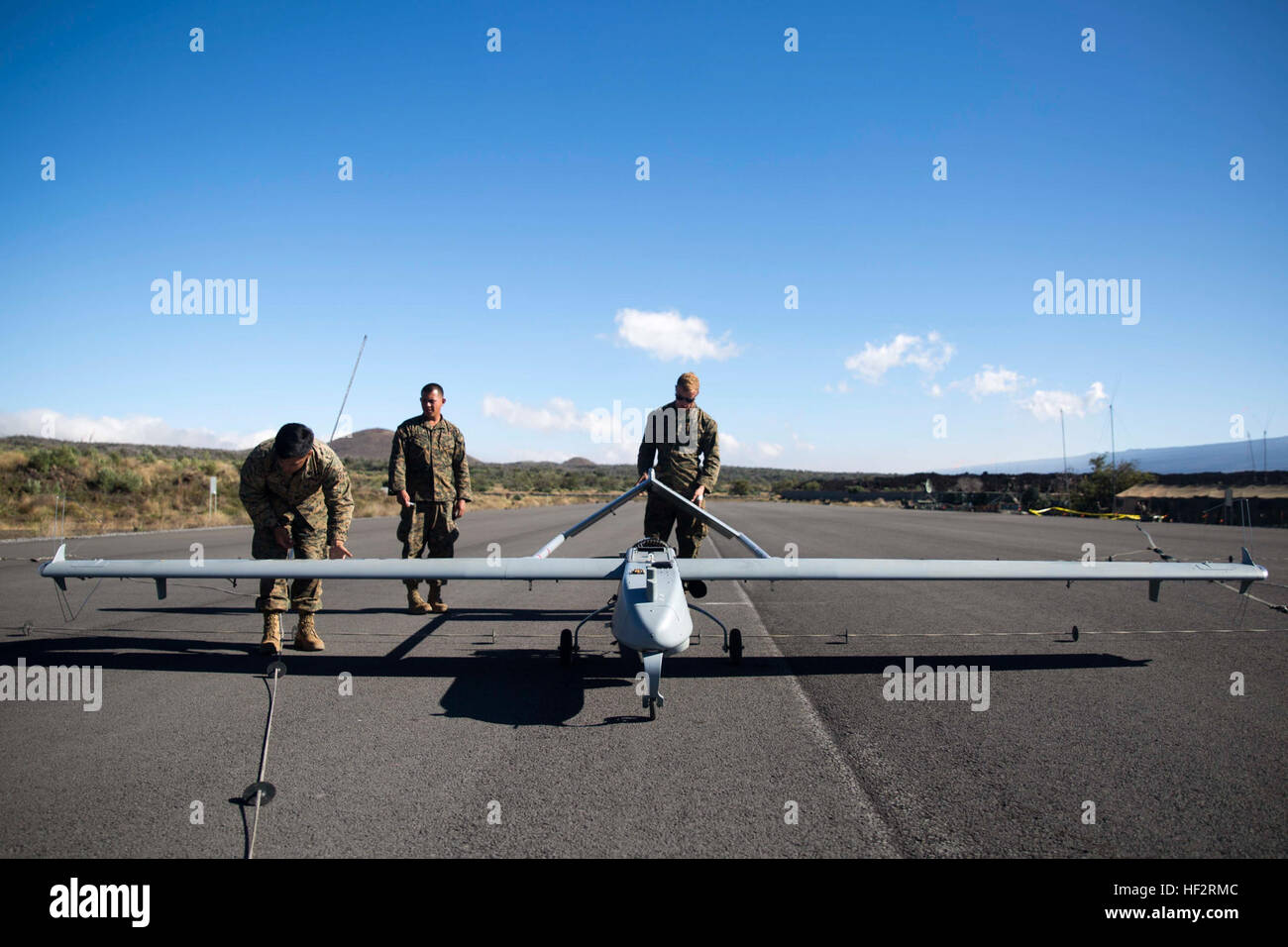 Marines inspect a Tactical Unmanned Aerial System RQ-7B Shadow after it ...