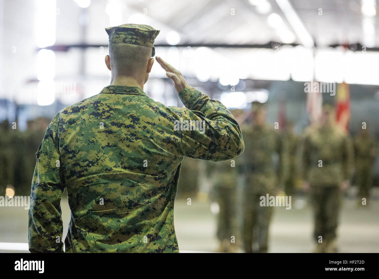 U.S. Marine Corps Lt. Col. David B. Moore renders a salute during a change of command ceremony ...