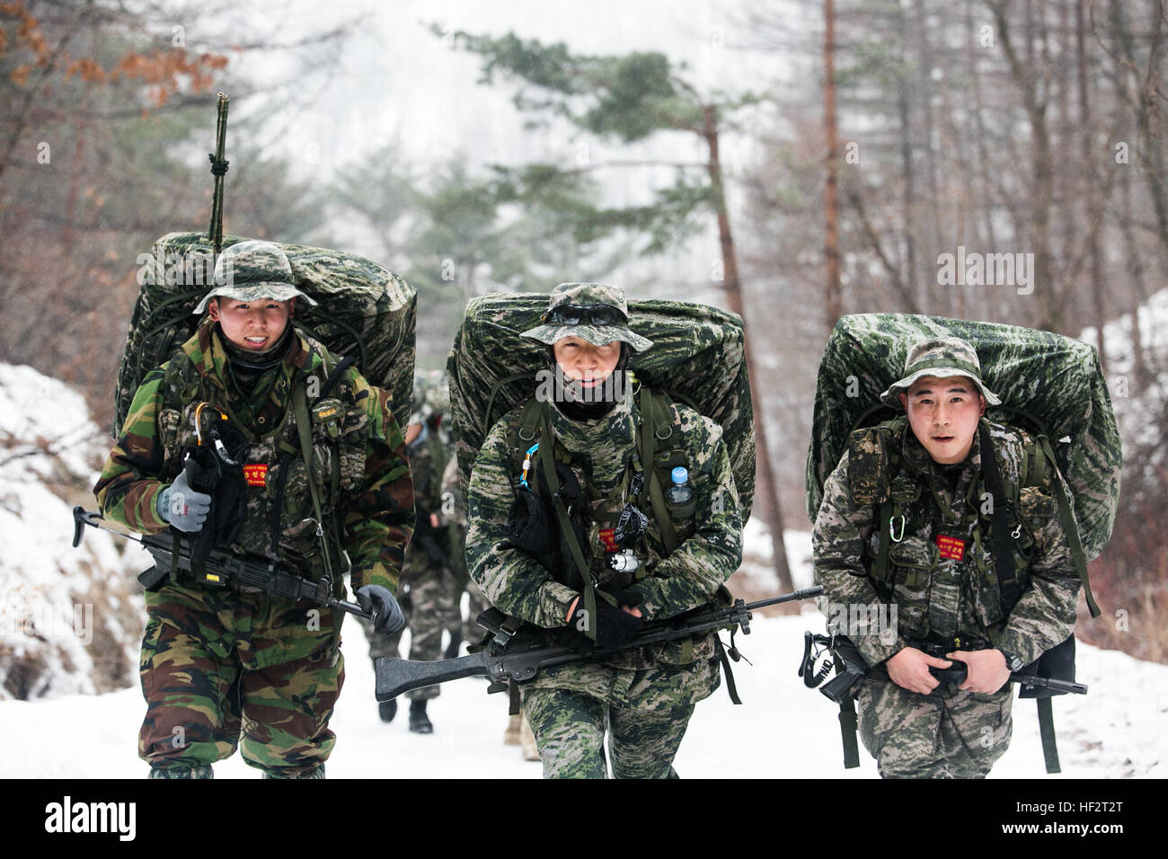 Republic of Korea Marines hike a 35- km path up a mountain Jan. 15 ...