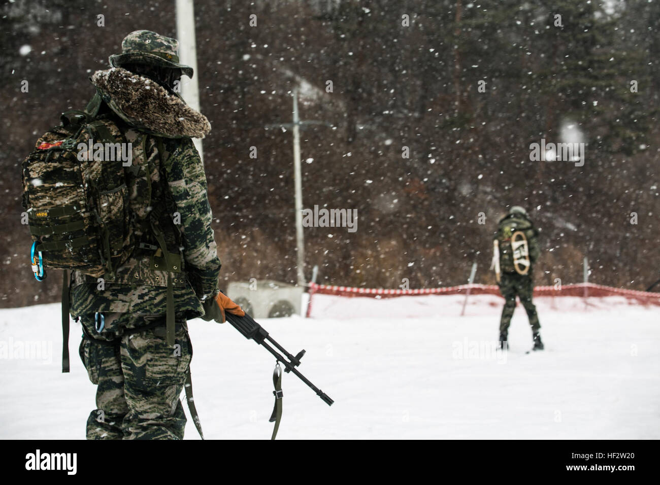 Republic of Korea Marines practice skiing with weapons and light packs ...