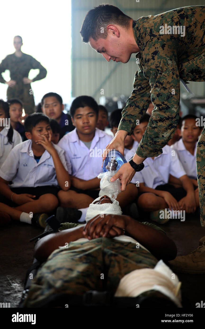 U.S. Navy Corpsmen show children from Yothinnukun School how to treat a ...