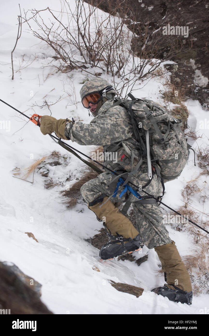 A Soldier attending the U.S. Army Mountain Warfare School in Jericho ...