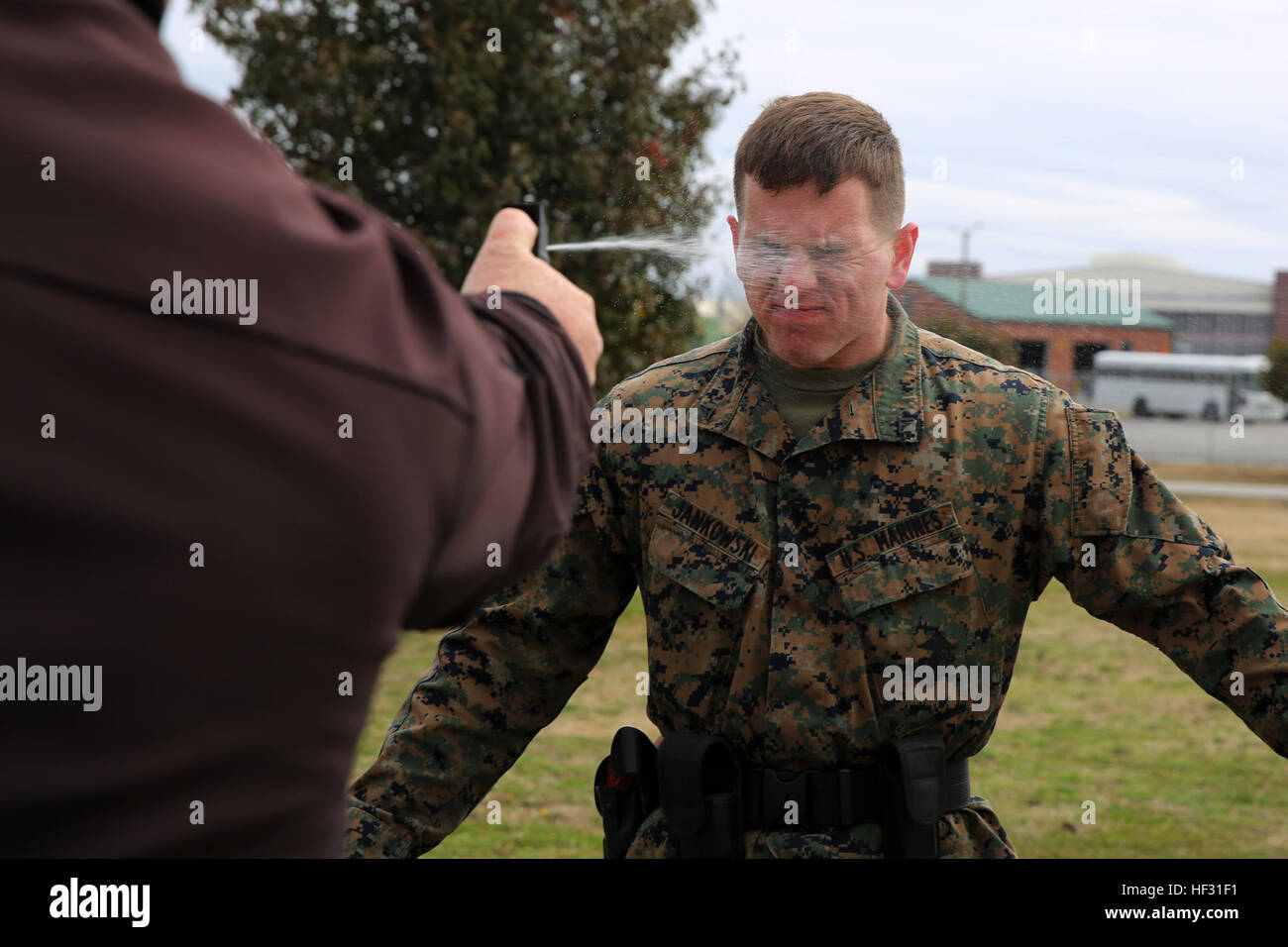 Lance Cpl. Dakota Jankowski gets sprayed with Oleoresin Capsicum, a ...