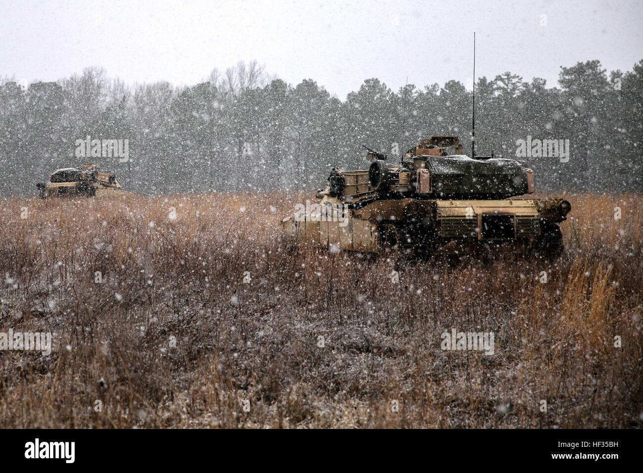 Two M1A1 Abrams with 2nd Tank Battalion, 2nd Marine Division sit on a ...