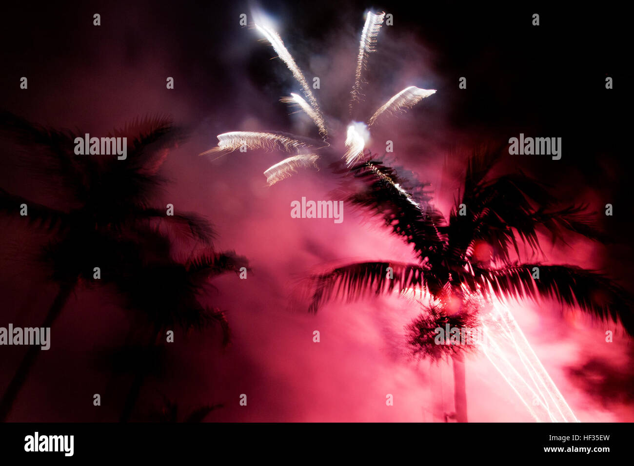 SCHOFIELD BARRACKS, Hawaii –Palm trees silhouette the fireworks show ...