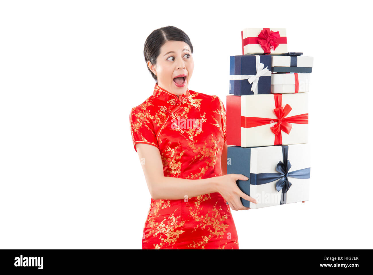 surprised shocked woman wearing cheongsam holding many gift boxes with ...