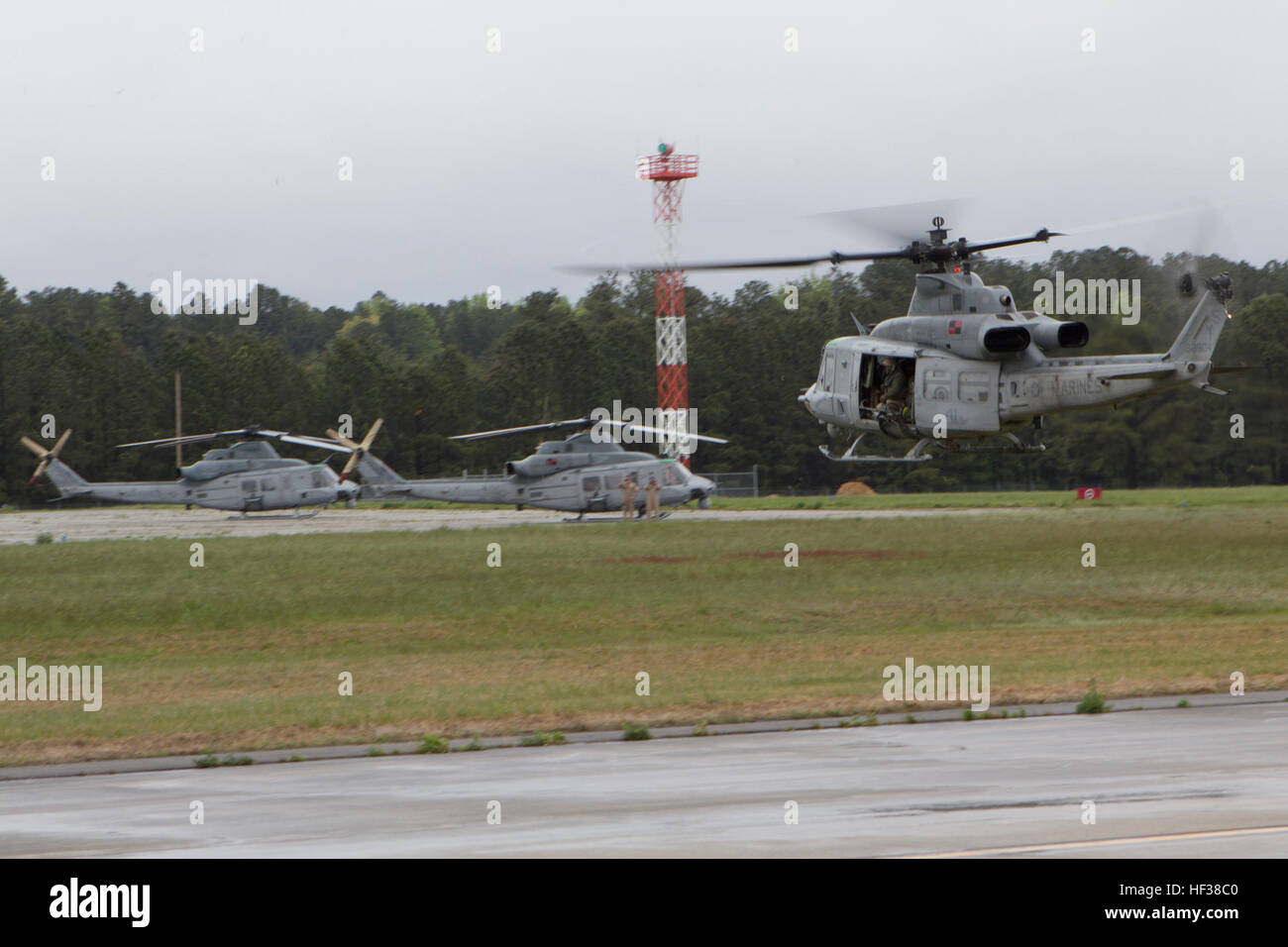 An UH-1Y Venom takes off after refueling during air-delivered ground ...