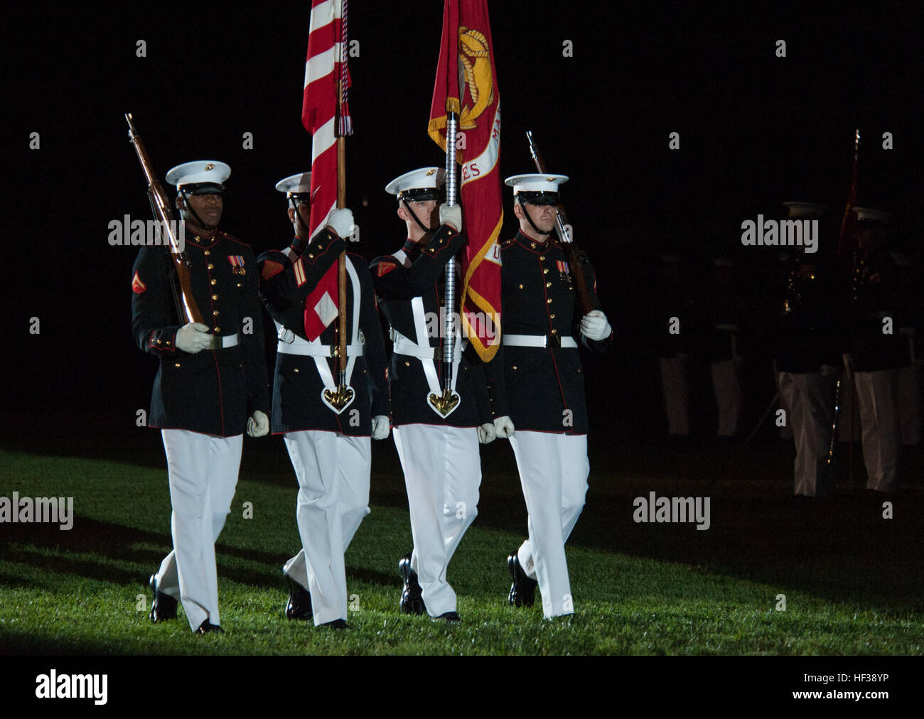 U.S. Marines with Marine Barracks Washington (MBW) Color Guard, pass in ...