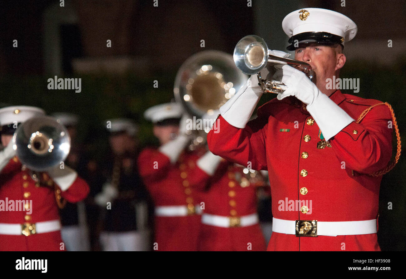 U.S. Marines with the Marine Corps Drum and Bugle Corps performs during ...