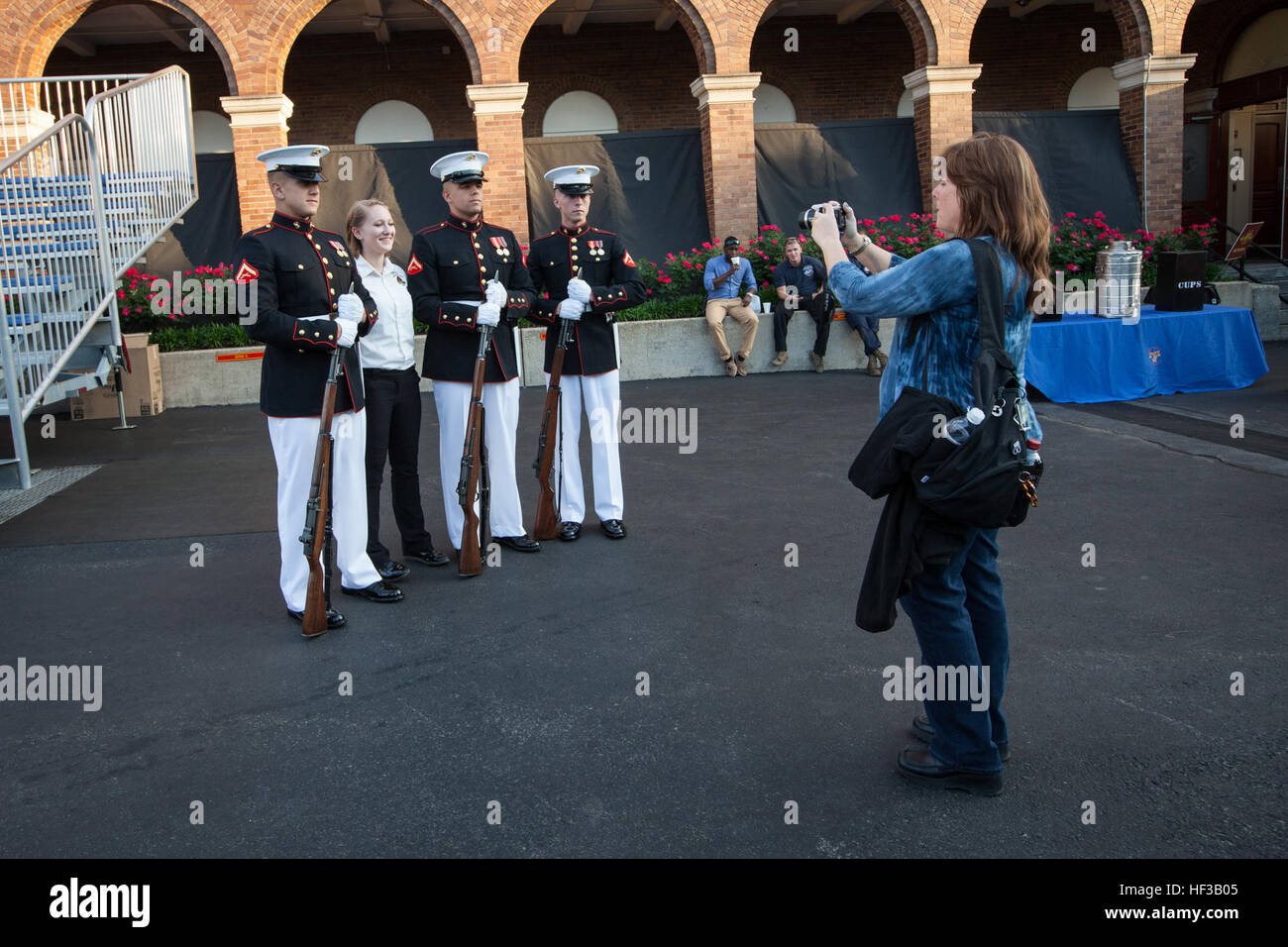 U.S. Marines with the Silent Drill Platoon pose for photographs with ...