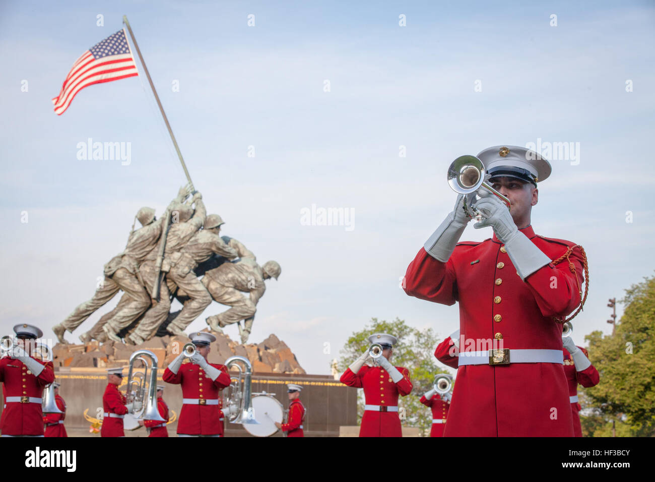 U.S. Marines with the U.S. Marine Corps Drum and Bugle Corps perform ...