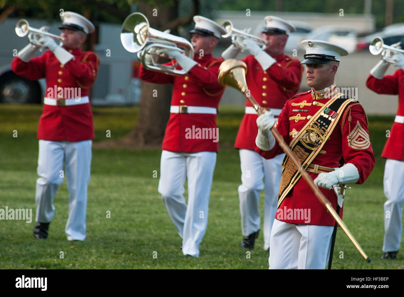 U.S. Marines with the U.S. Marine Corps Drum and Bugle Corps perform ...