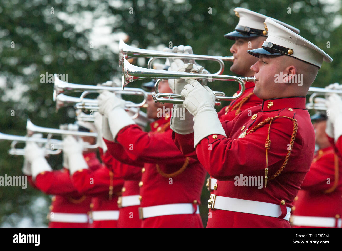 U.S. Marines with the U.S. Marine Corps Drum and Bugle Corps perform ...