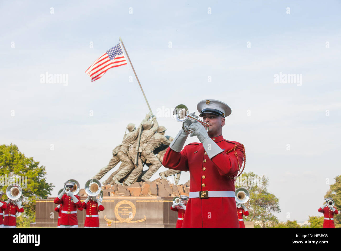 U.S. Marines with the U.S. Marine Corps Drum and Bugle Corps perform ...