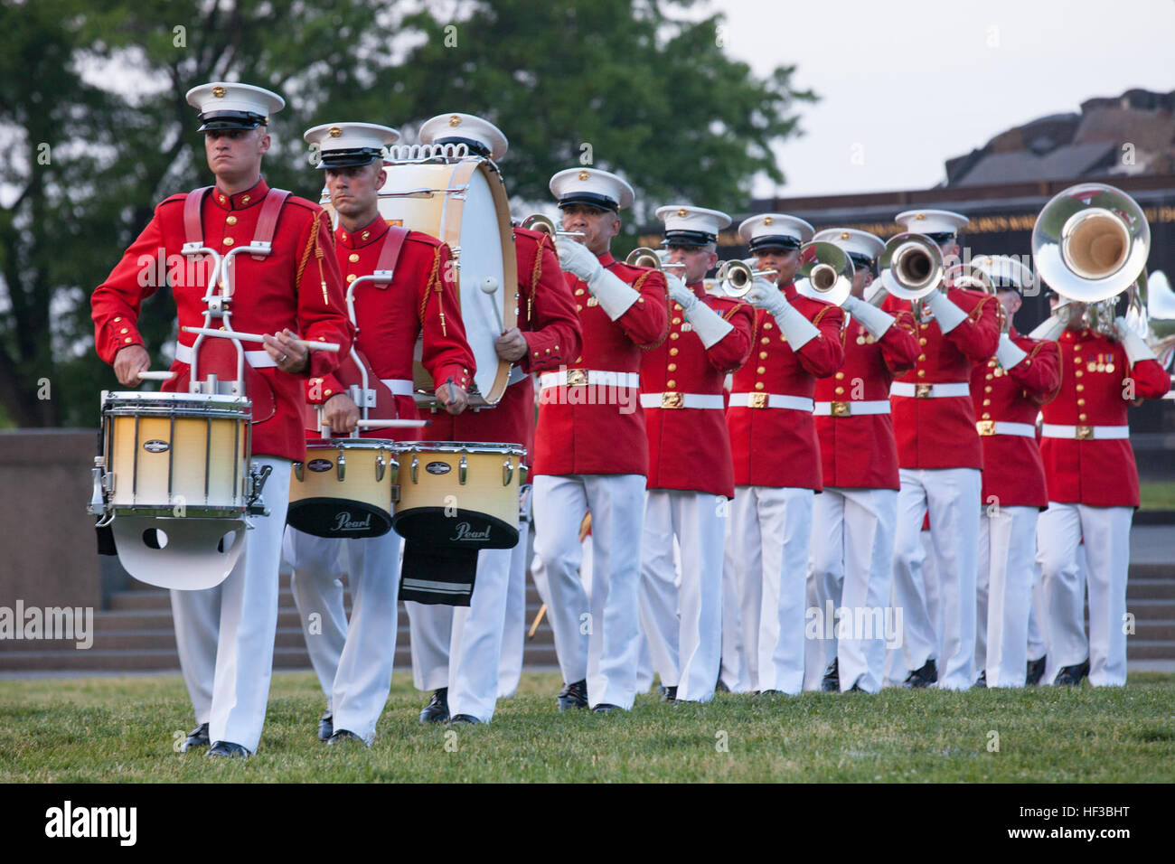 U.S. Marines with the U.S. Marine Corps Drum and Bugle Corps perform ...