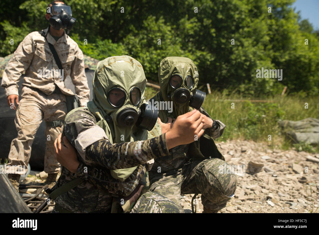 Republic of Korea Marines quickly put on gas masks June 3 at Doksukri ...