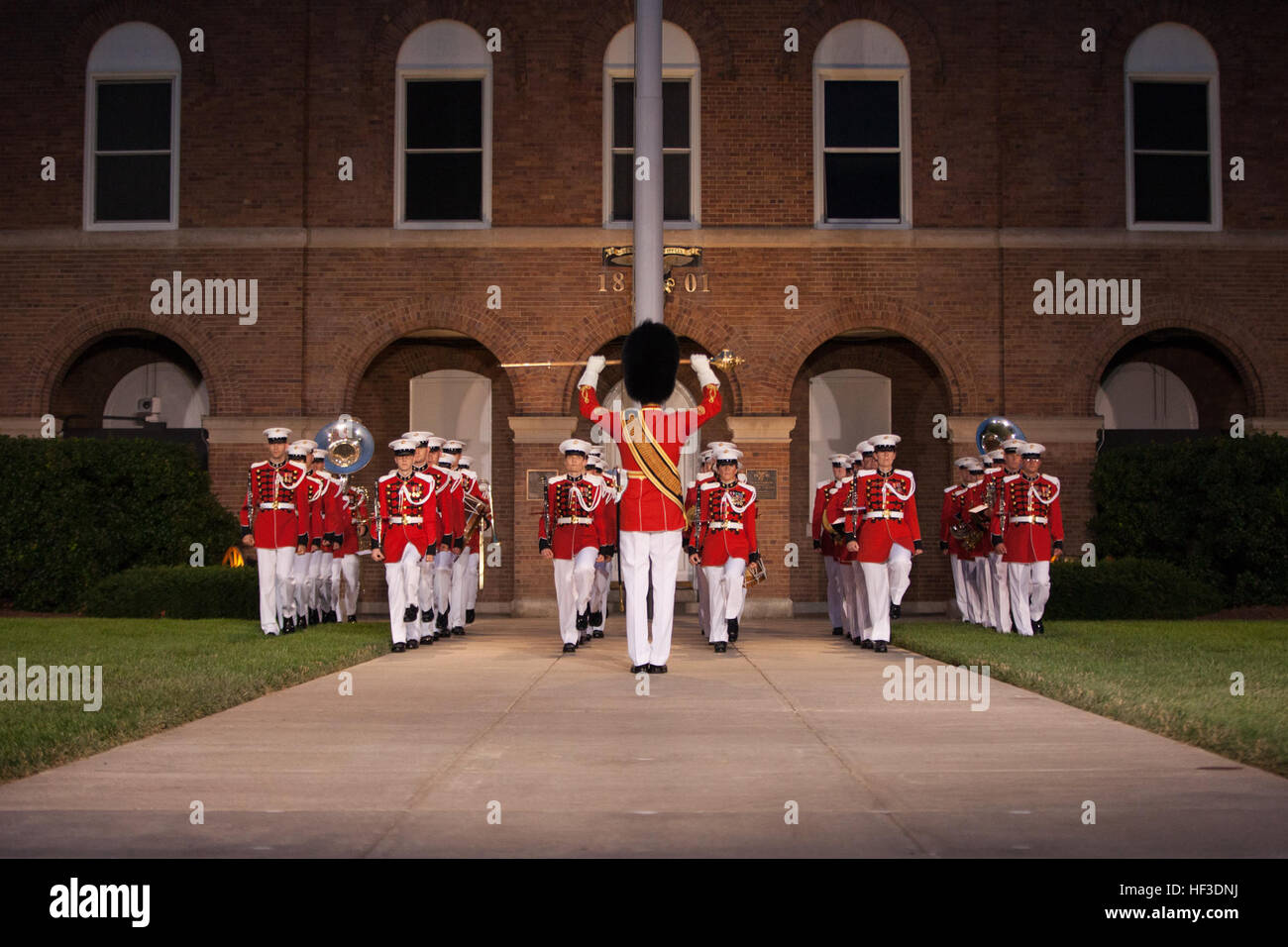 U.S. Marines with the Marine Corps Drum and Bugle Corps perform during ...