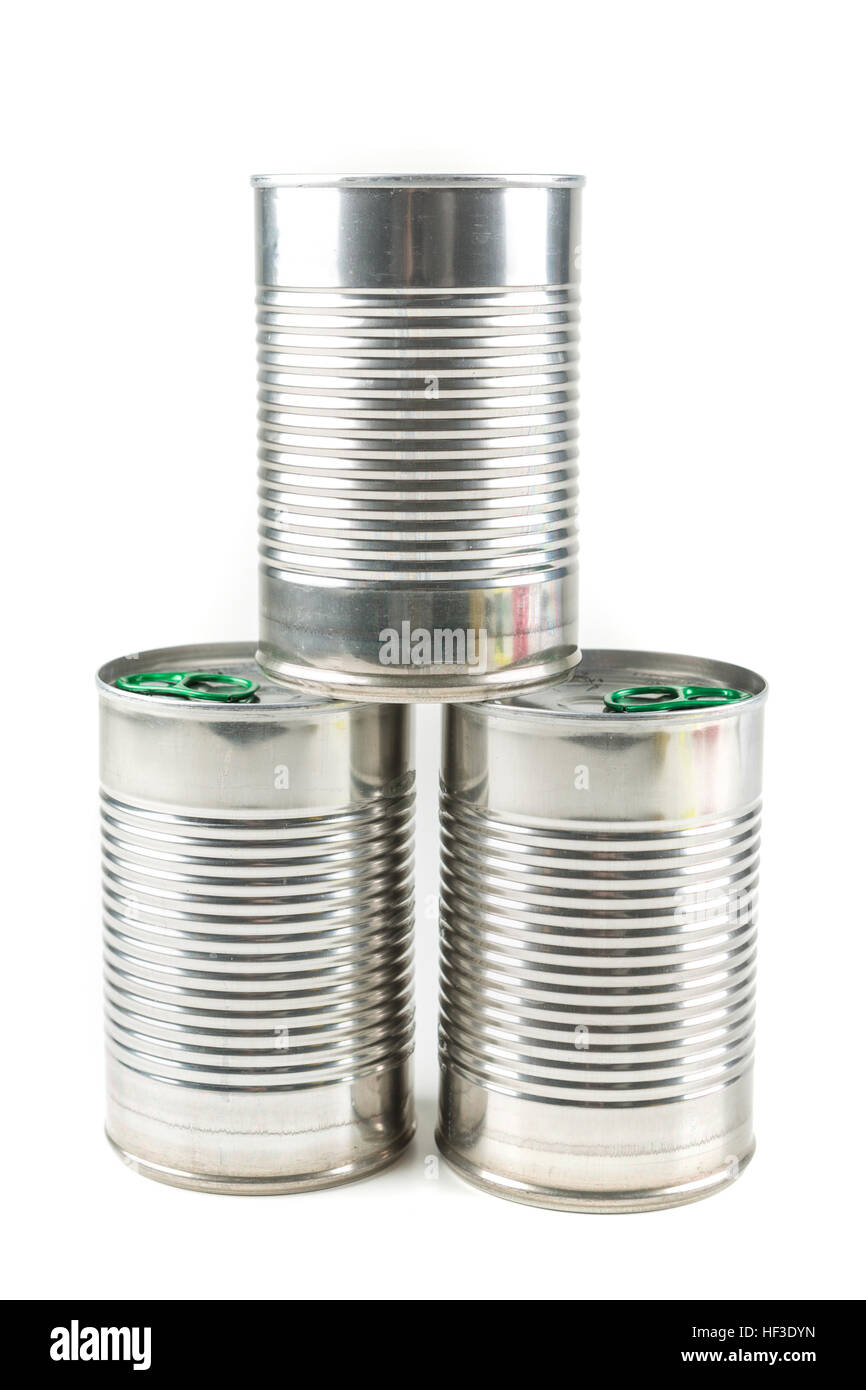 Three tin cans isolated on white background Stock Photo - Alamy