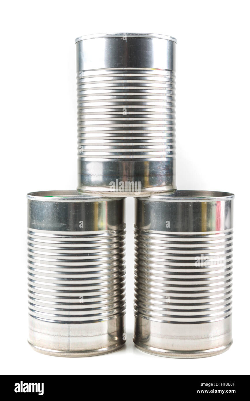 Three tin cans isolated on white background Stock Photo - Alamy